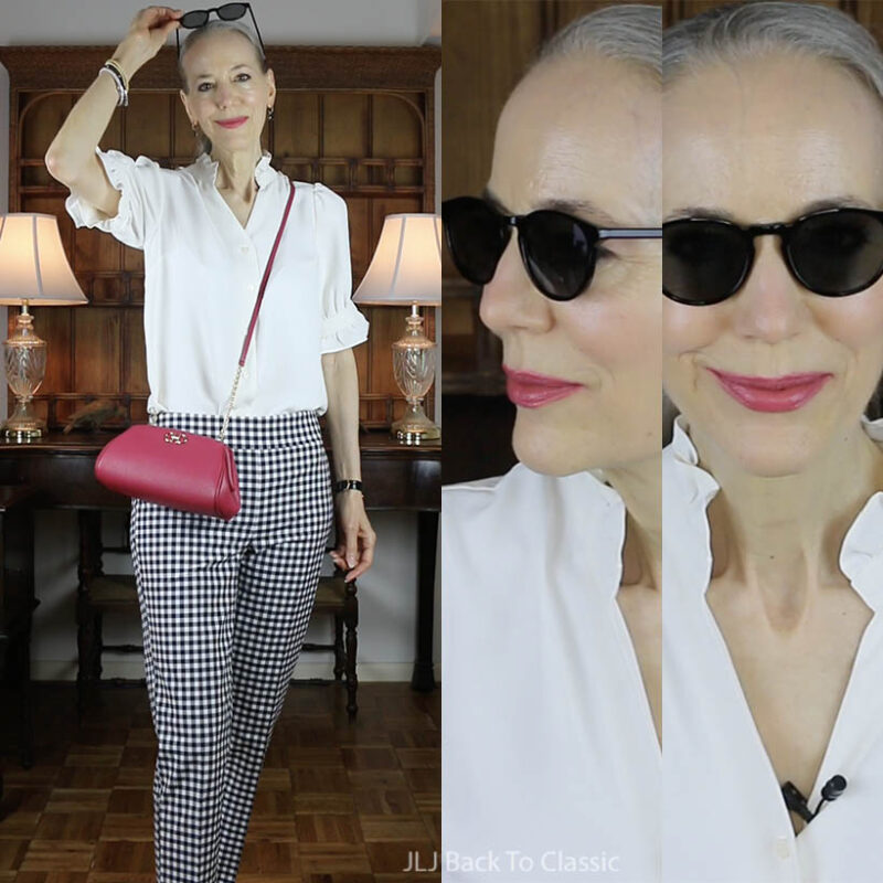 Timeless Fashion: Ferragamo Gancini Mini Crossbody, Ruffle Neck Blouse ...