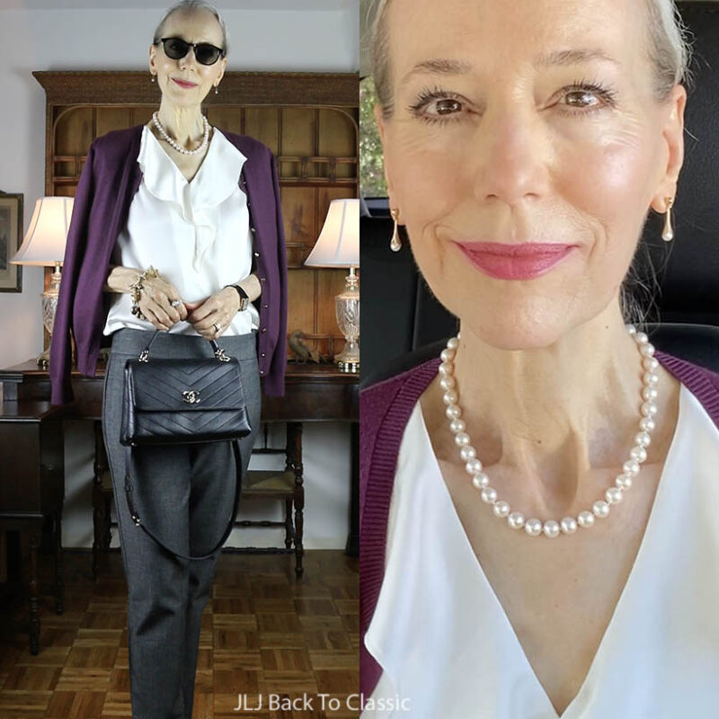 Timeless Style: Chanel Chevron Chic Flap Bag, Grey Trousers, Plum ...