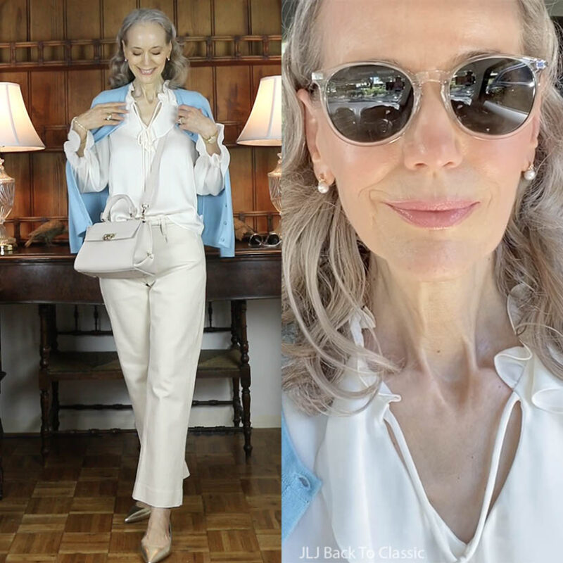 Timeless Style: Ferragamo Sofia Bag, Ivory Ruffle Blouse, Ivory Jeans ...